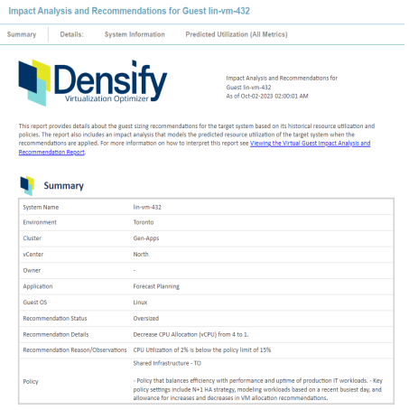 Viewing the Virtual Guest Impact Analysis and Recommendation Report